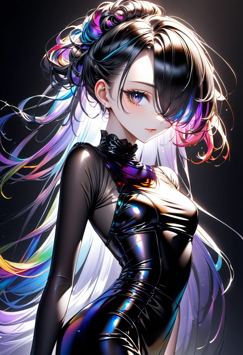 Medium shot, beautiful woman, iridescent shining glossy silky black ...