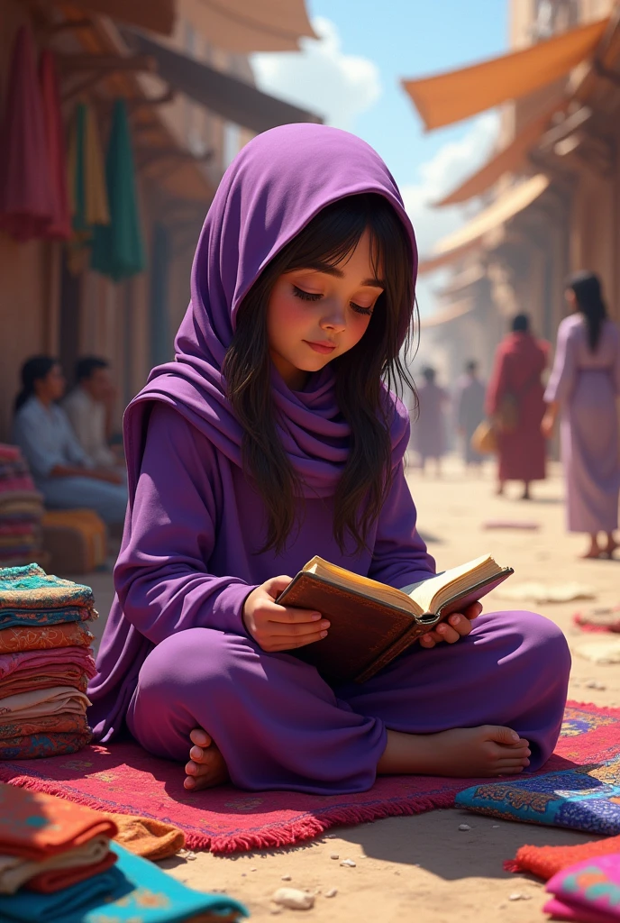 Lydia young girl purple cloths seller reading bible in bazaar - SeaArt AI