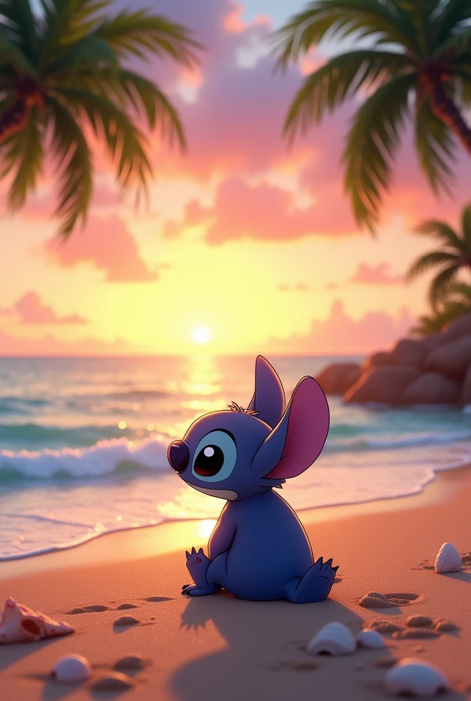 Create a (professional photo) of a serene beach scene with Stitch ...