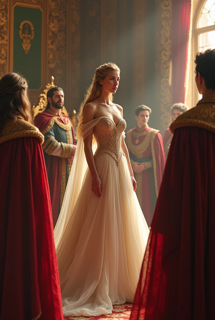 A beautiful princess standing in front of the king and other men who ...