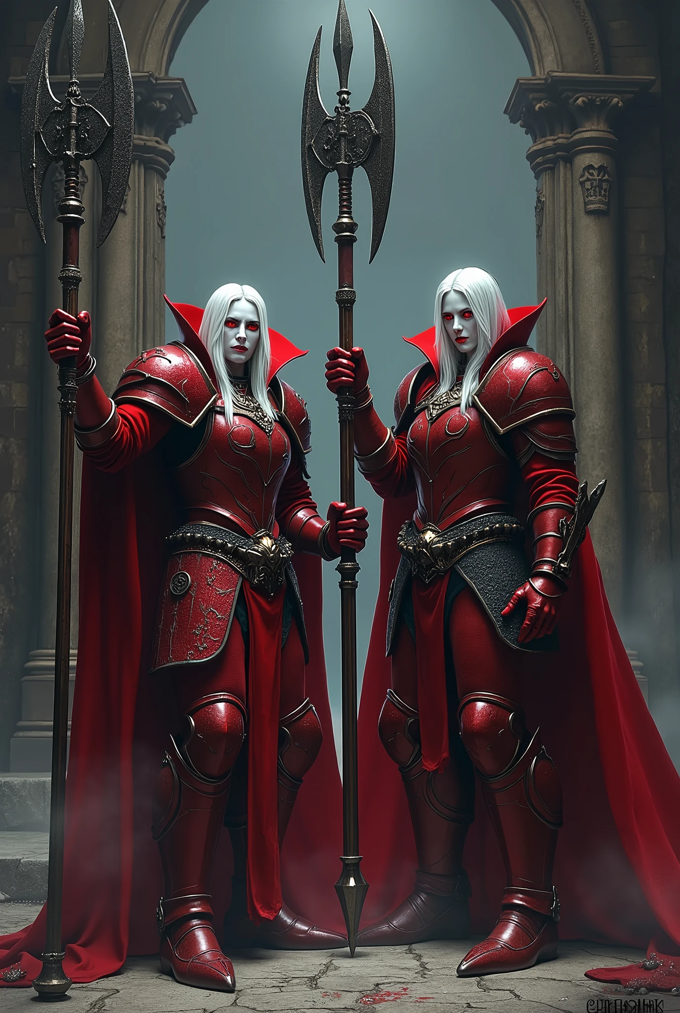 Two men dressed in red are holding two large swords - SeaArt AI