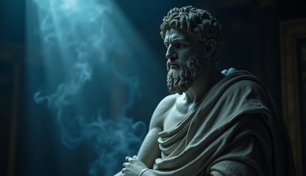 Half-zoomed statue of Epictetus in a dark room with smoke and a faint ...
