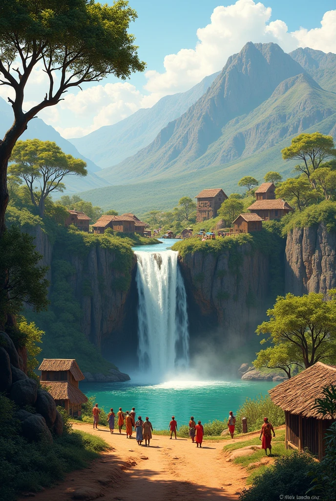 Generate an AI of African image of Kagoro hills and waterfall in an ...