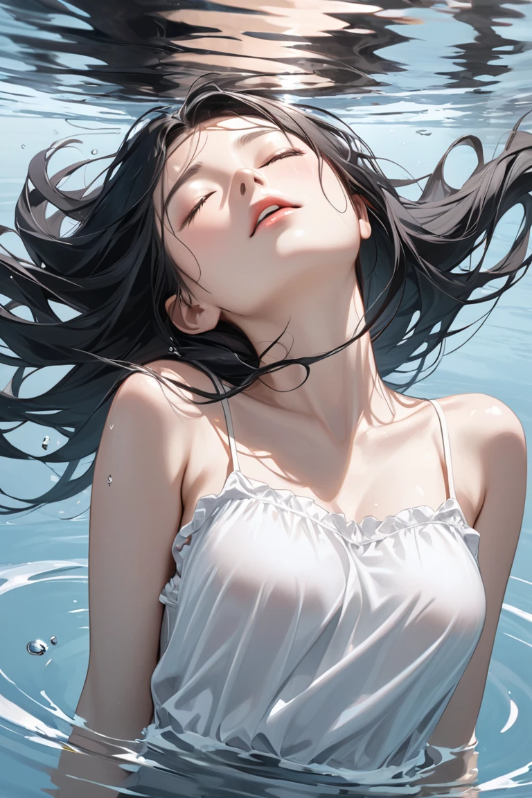 Ultra-realism drowning woman floating on the water surface looking up closed ey - SeaArt AI
