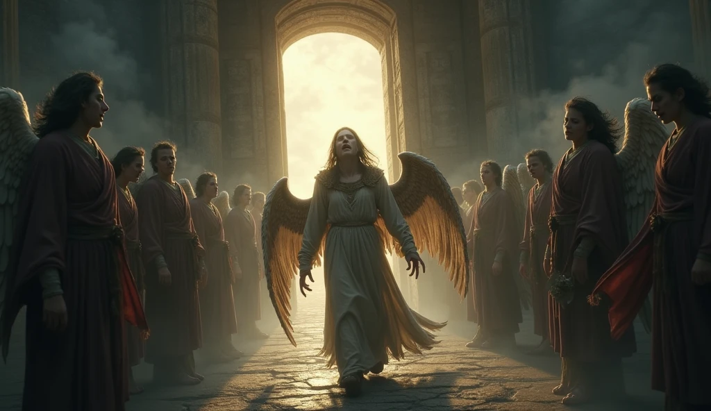 A male angel whose wings are made of knives and other sharp objects is ...