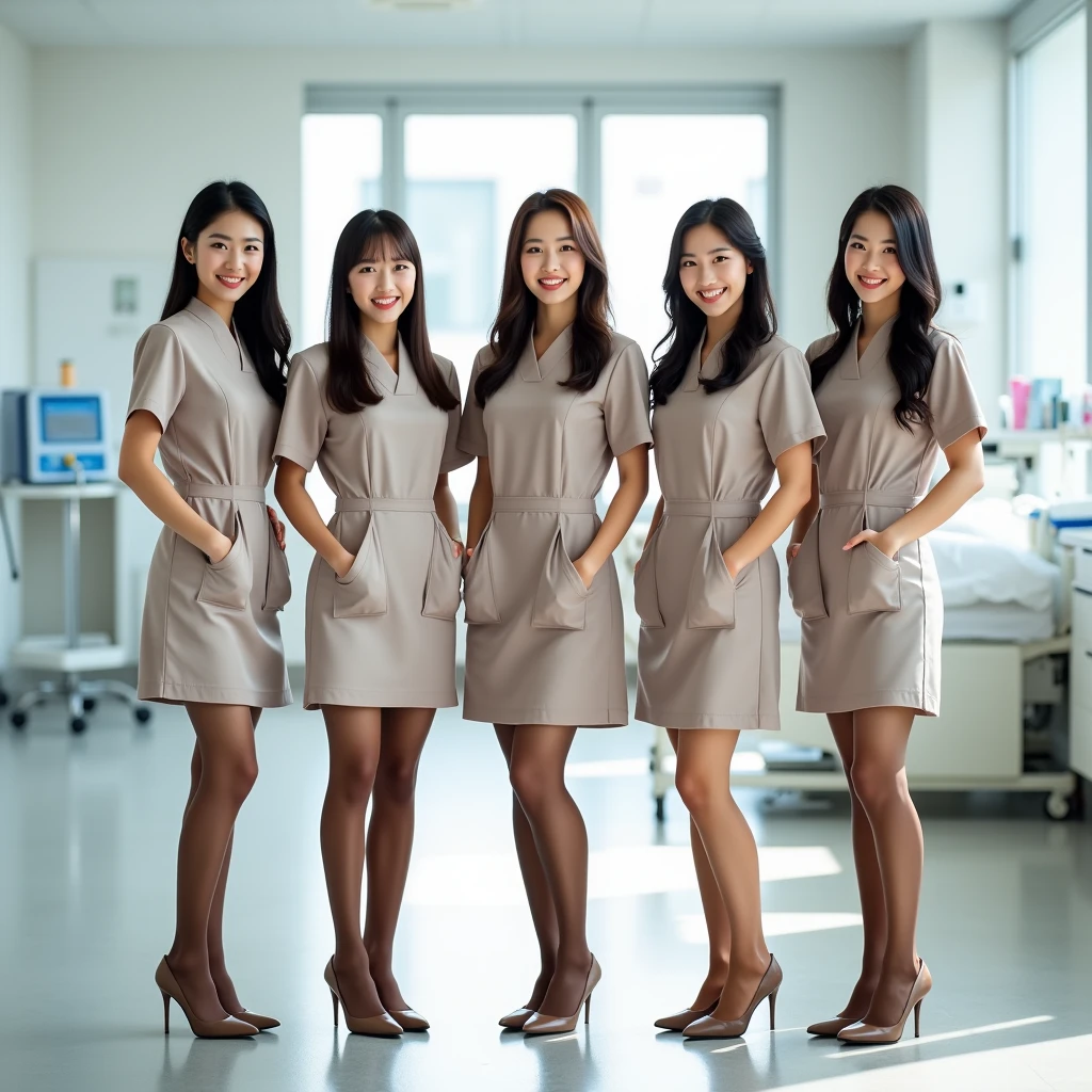 An actual photograph of 5 pretty Korean female nurses wearing neat and ...
