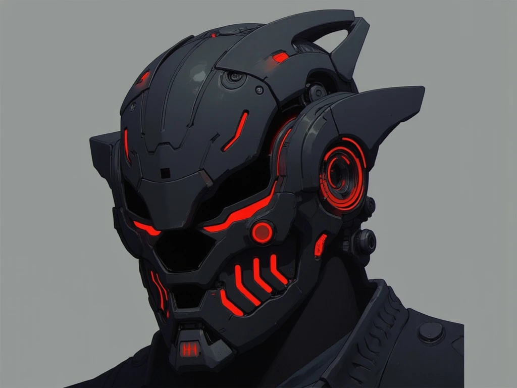 Black robotic modern battle helmet with red lights - SeaArt AI