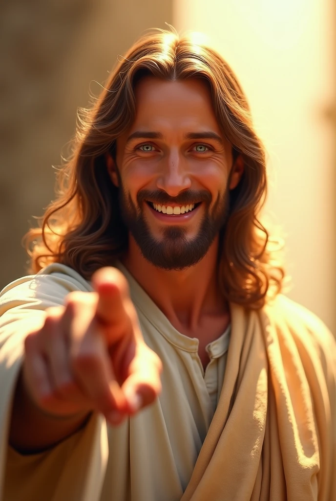 Create a realistic image of Jesus Christ smiling , looking in the ...