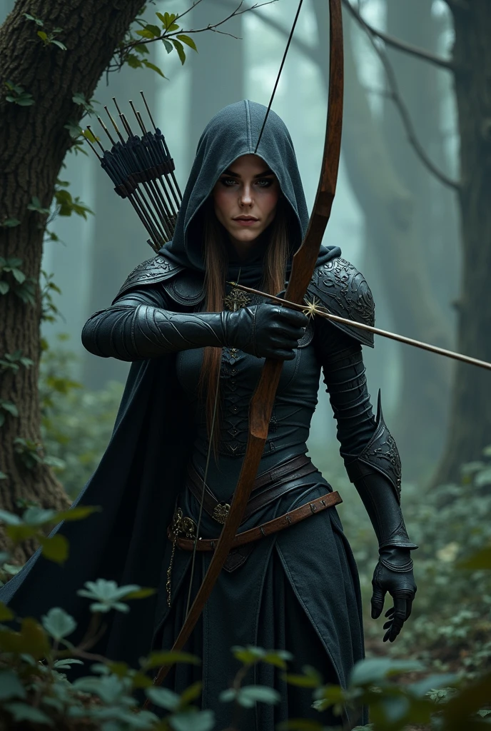 Female wood elf hiding in the shadows while she aims her bow for a ...
