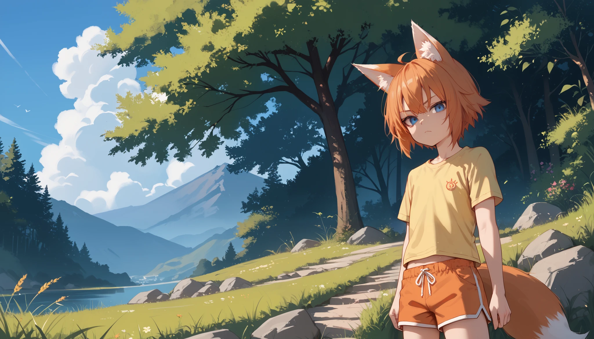 Anime girl with fox ears standing in a field with a lake in the ...