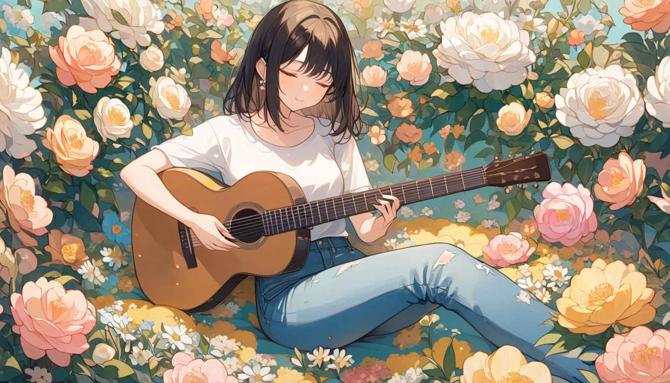 top quality, woman playing classical guitar surrounded by flowers ...