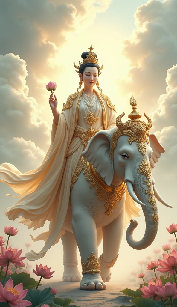 A photorealistic and mystical depiction of Fugen Bosatsu (Pu Yin Bodha ...