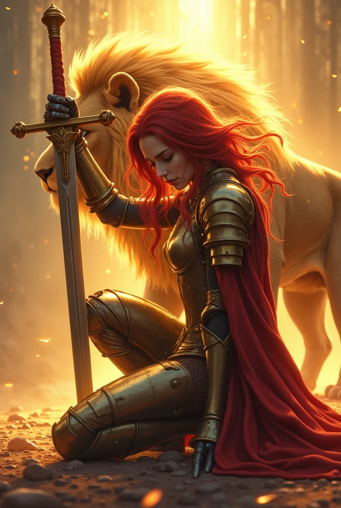 Weapon, single, golden armor, sword, red loose hair, 1 girl, knight ...