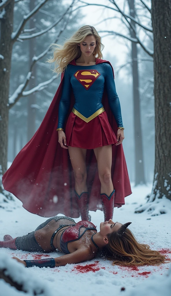 Supergirl watching Cheetara Female Woman defeated with blood in a snowy ...