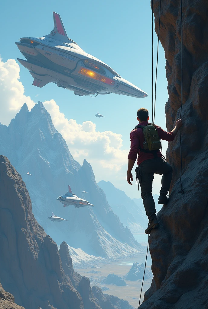 A man hanging from a stake facing a mountain cliff with futuristic war ...