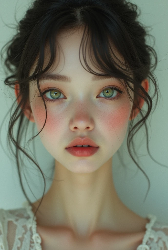 A girl. Green almond eyes . Light brunette . Thin lips, wolfcut hair and a littl - SeaArt AI