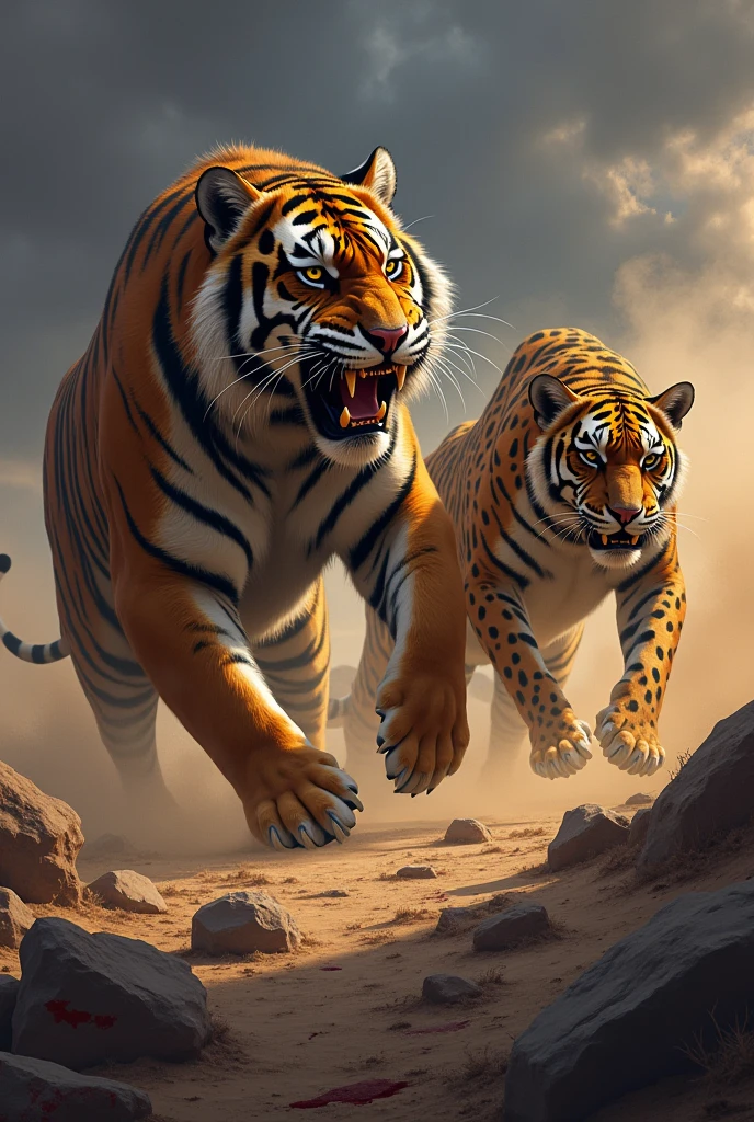 A wild scene in a rocky, arid landscape at dusk , with two ferocious ...