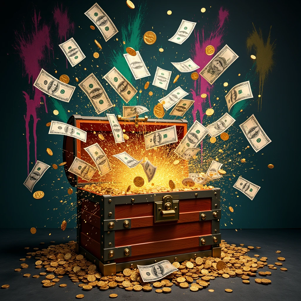 A bursting chest with banknotes flying outward in every direction ...