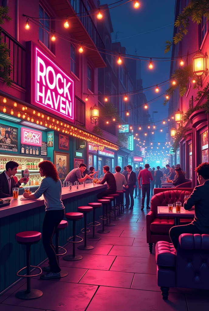 I need an 80s bar in England at night, called Rock Haven , realistic ...