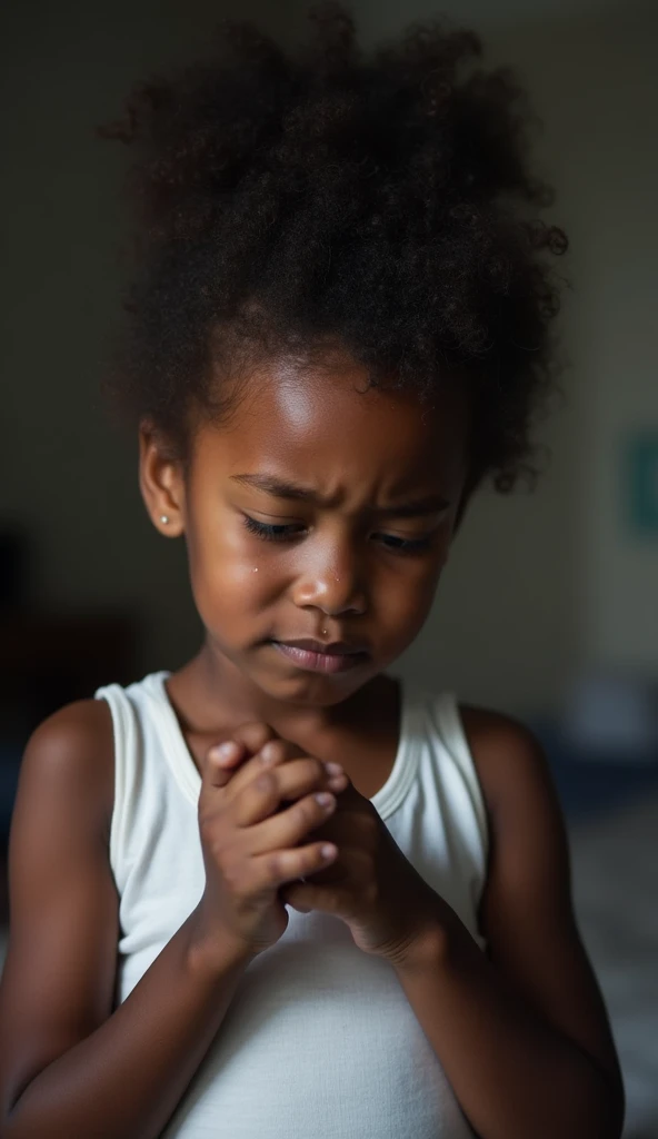 "A young Black girl crying with her head tilted downward, tears ...