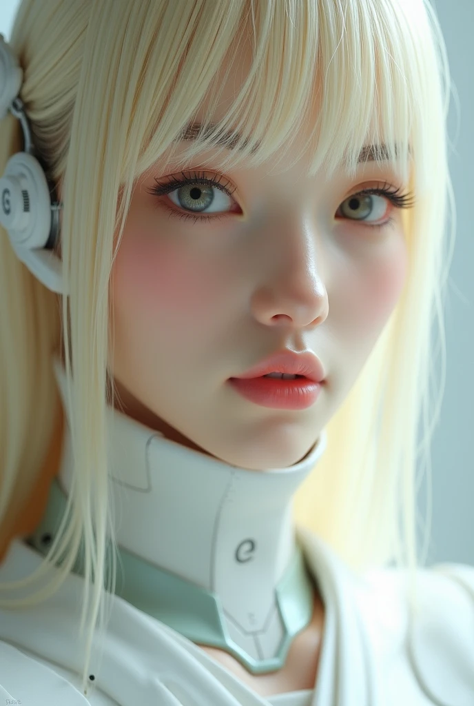 A super realistic humanoid robot girl , with subtle Asian features ...