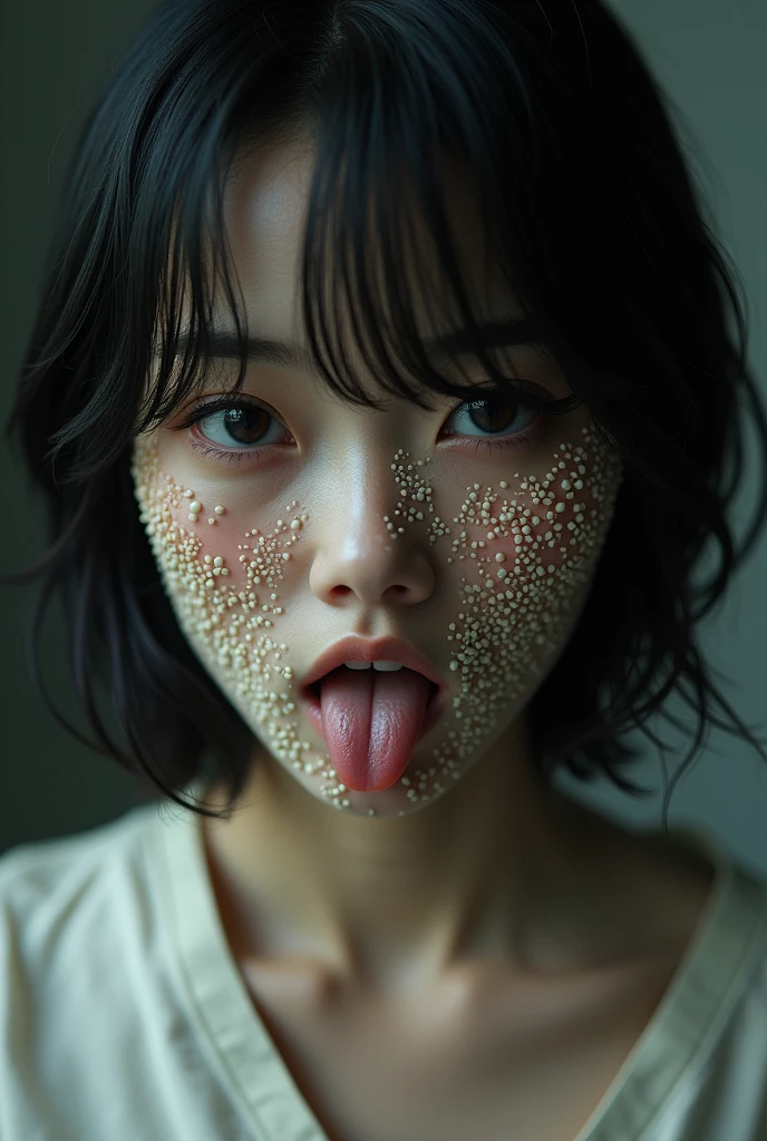 Japanese dark brown skin gal, lots of small grains on face and body ...