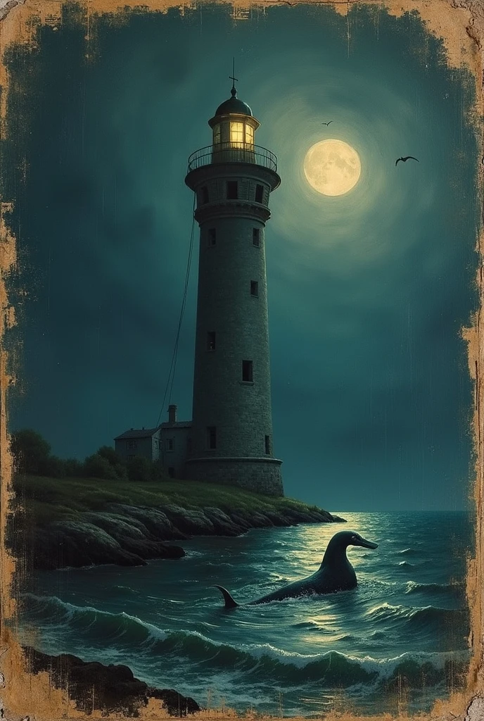 The cover of an old book . (There is an ancient medieval lighthouse on ...