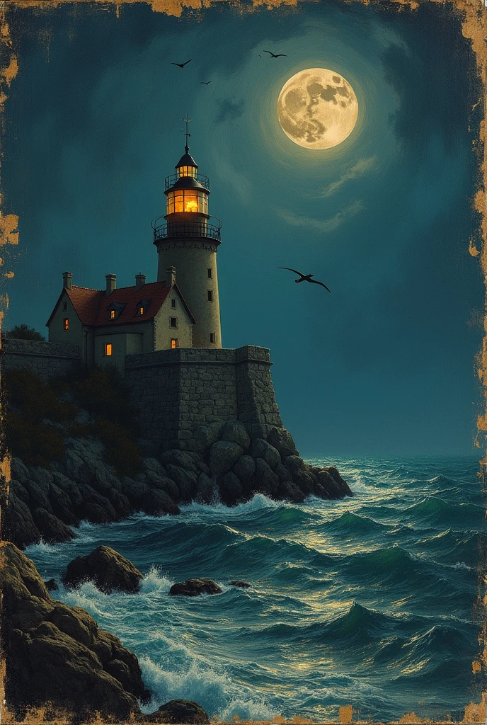 The cover of an old book . depicts a shining medieval lighthouse on ...
