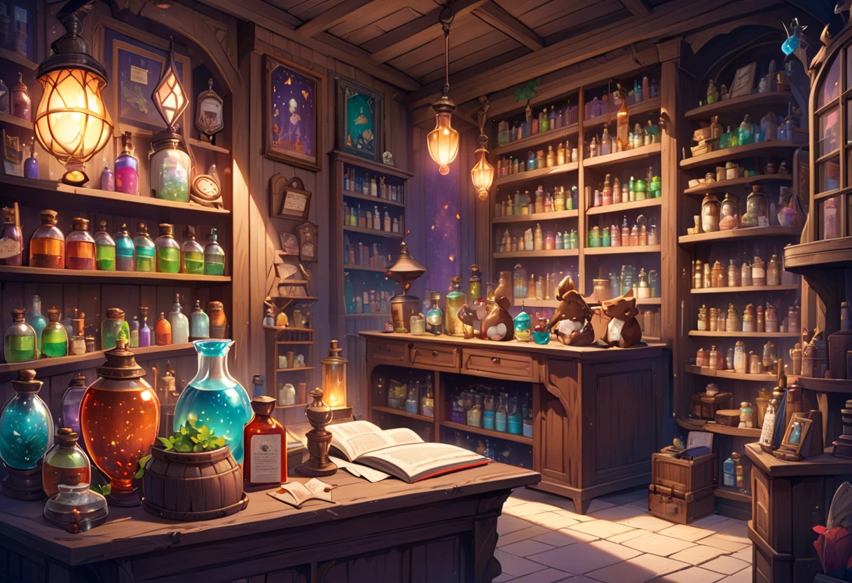 Picture of a shelf full of various items and animals, At the potion ...