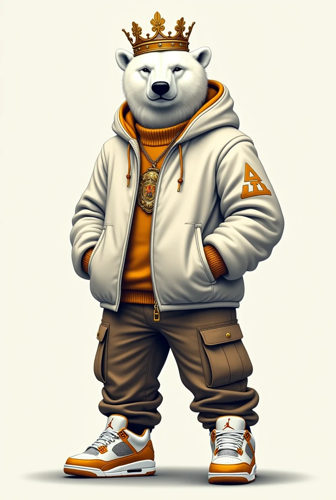 Create an image of a polar bear wearing white and gold Jordan 4 with ...