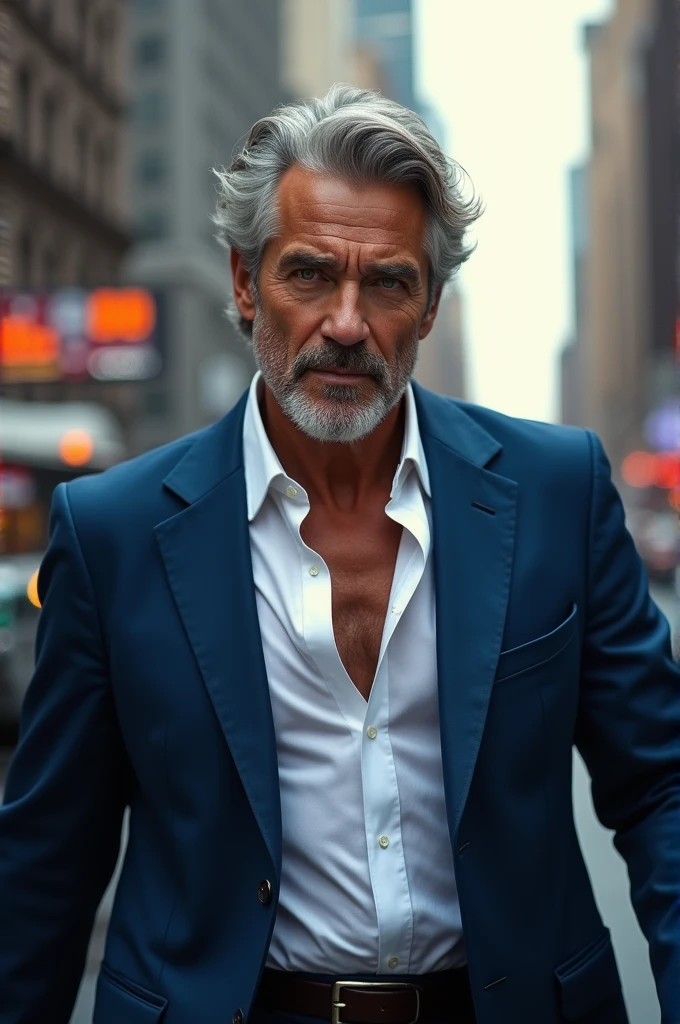 Gray-haired man in his 60s , good looking, closed, walking in New York ...