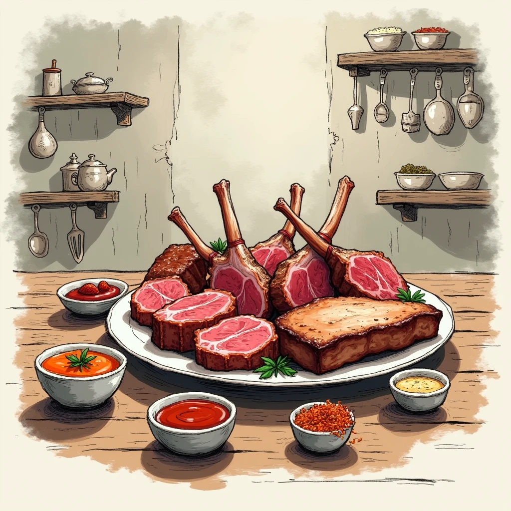 "A sketch-style illustration of a rustic dining table with a plate of ...