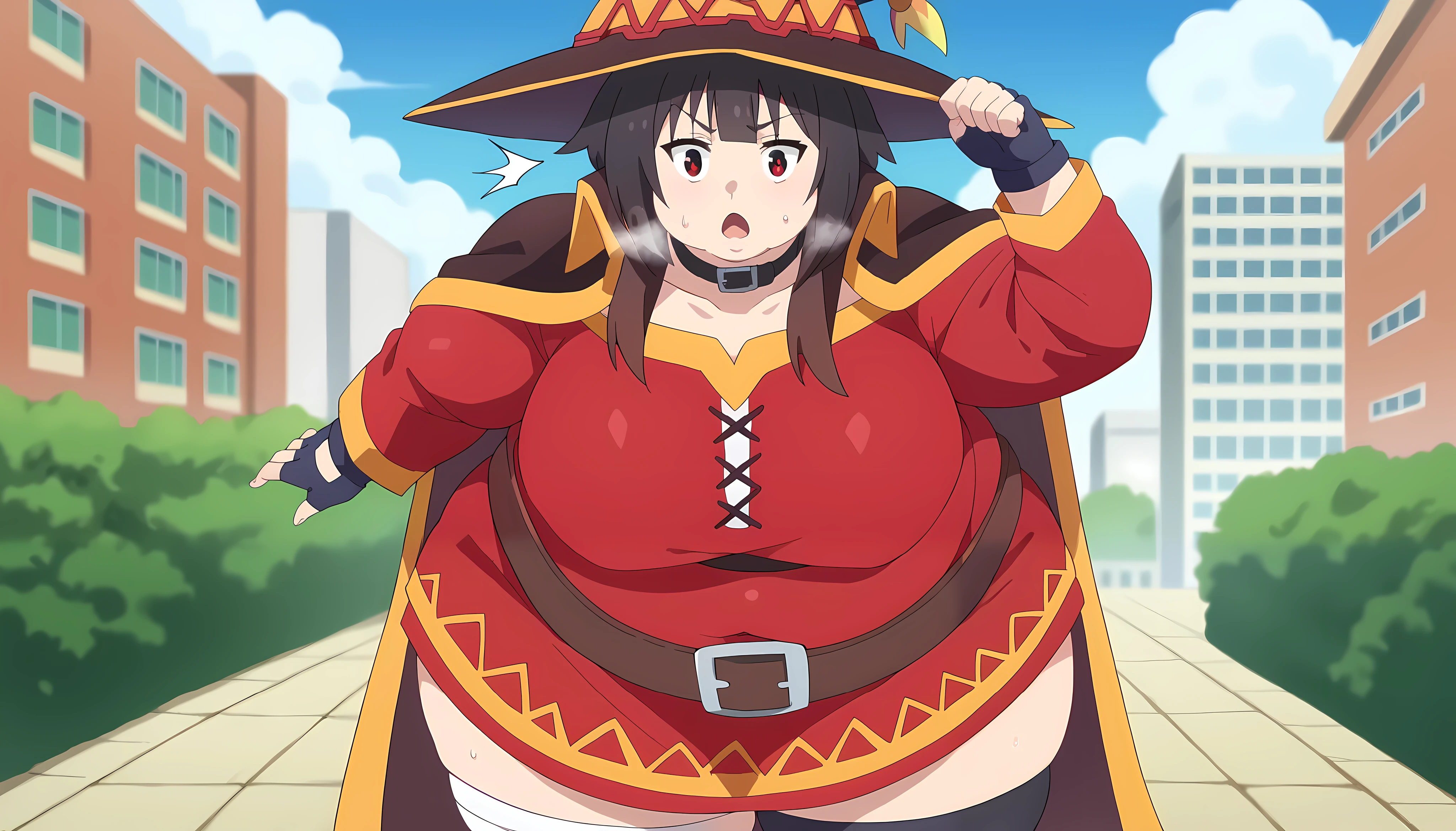 Anime character dressed in red and yellow outfit with hat and sword ...