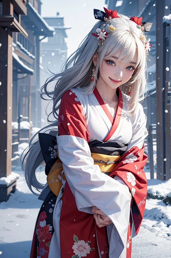 A shot of a smiling kimono-clad beauty in the midst of falling snow ...
