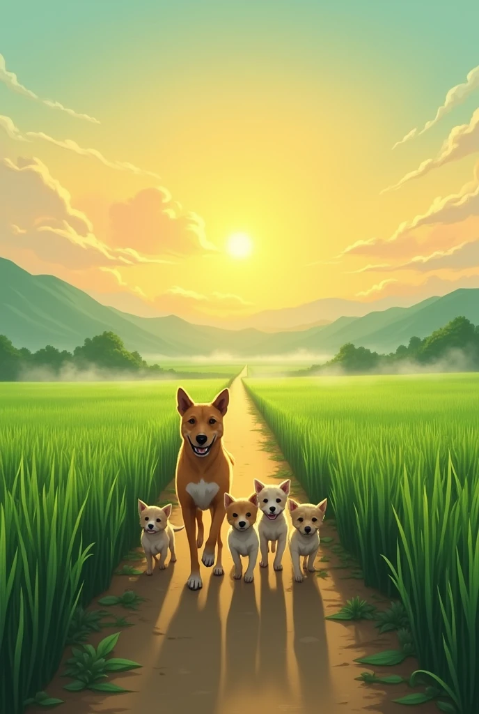 in the early morning ， the sun has risen, ，Green rice fields - SeaArt AI