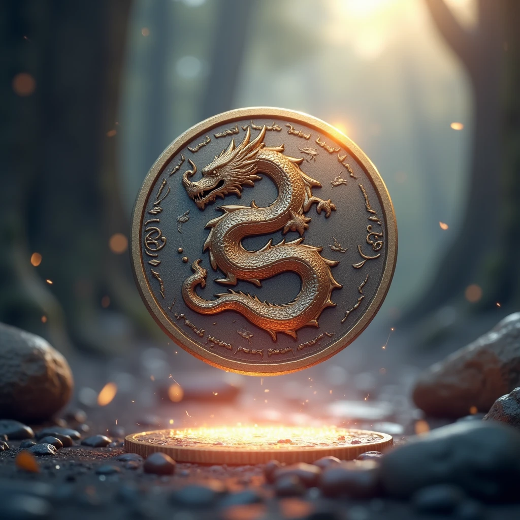 A floating coin with the symbol of a dragon - SeaArt AI