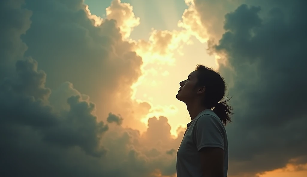 An impactful image of a person looking up to the sky with an expression ...
