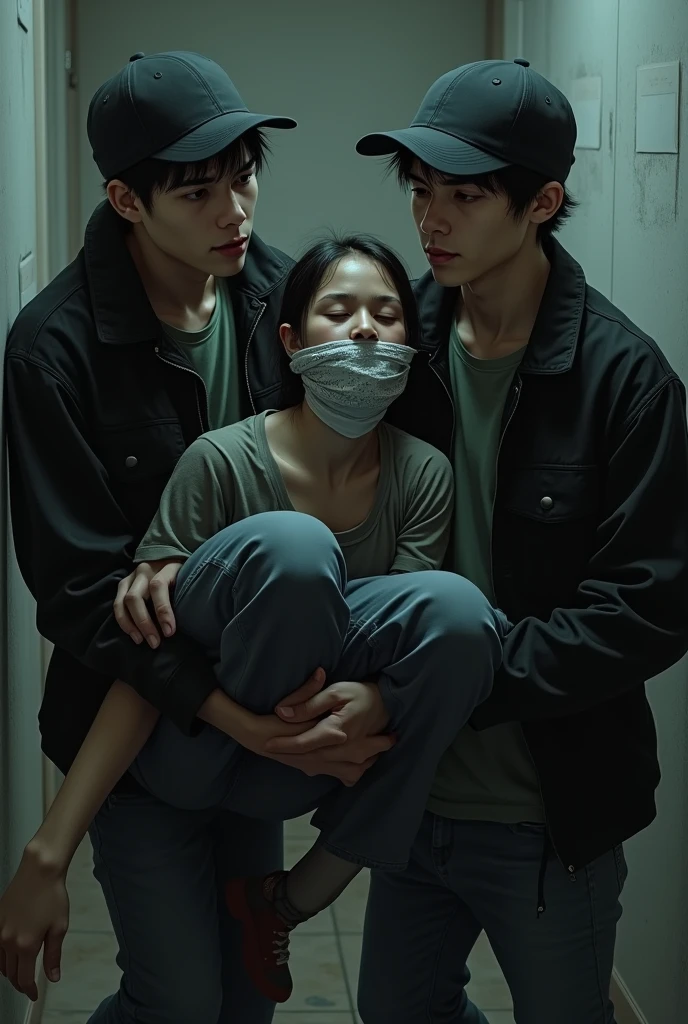 Two handsome 20-year men wearing cap, black jackets, and bandanas ...