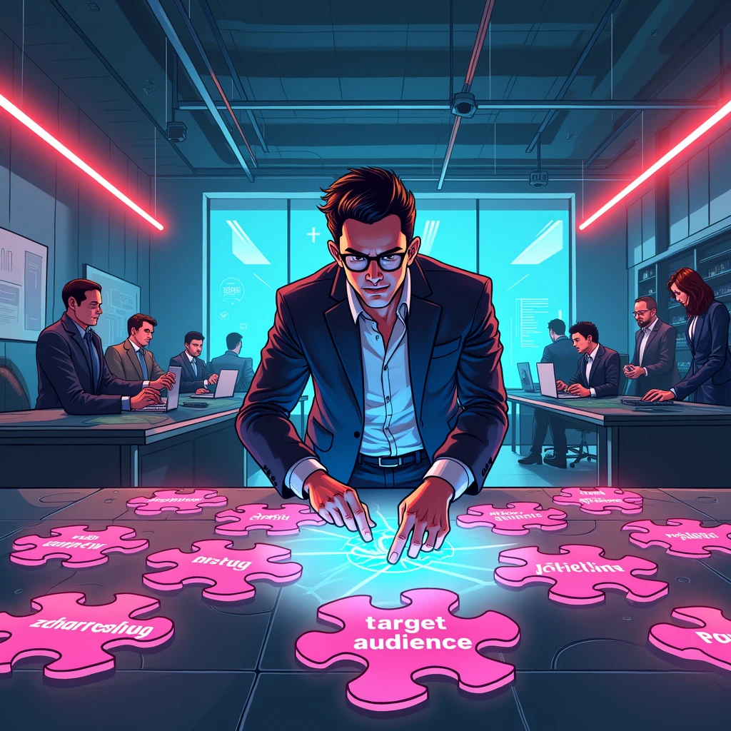 Comic book art style Marketer assembling glowing puzzle pieces labeled ...