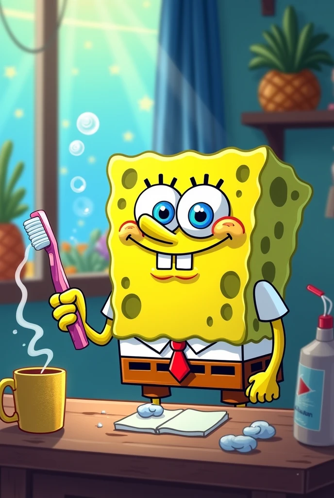 SpongeBob brushing his teeth and drinking coffee at the table - SeaArt AI