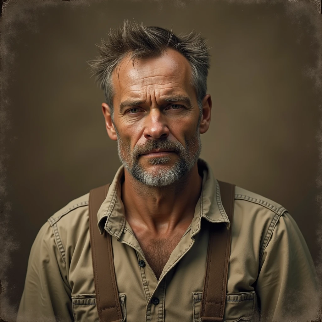 1920s white male miner in his early 30s, with a rugged, weathered face ...