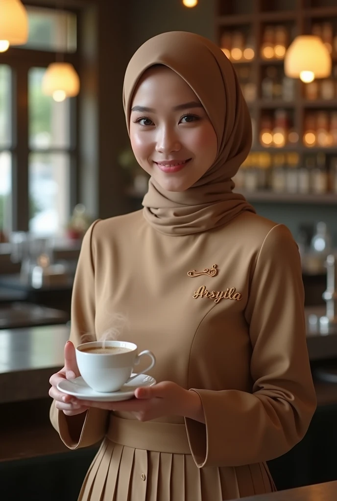 A beautiful Korean woman wearing a hijab, works in a fancy bar as a barista - SeaArt AI
