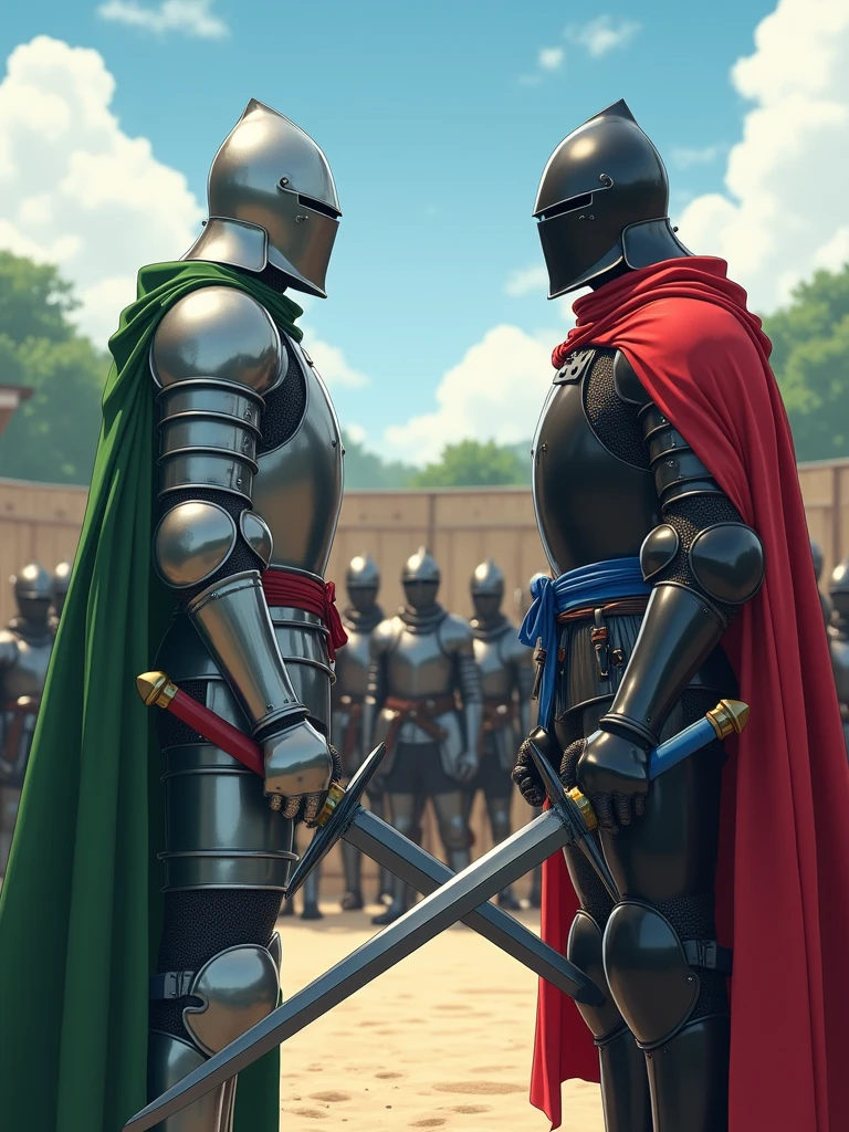 Two men dressed in medieval armor from head to toe , The first man ...