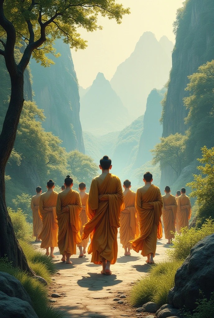 Buddha walk with young bueatifull womens monks - SeaArt AI