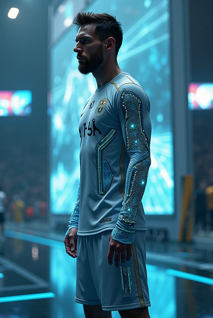 Messi in a hybrid athletic outfit, his arms embedded with intricate ...
