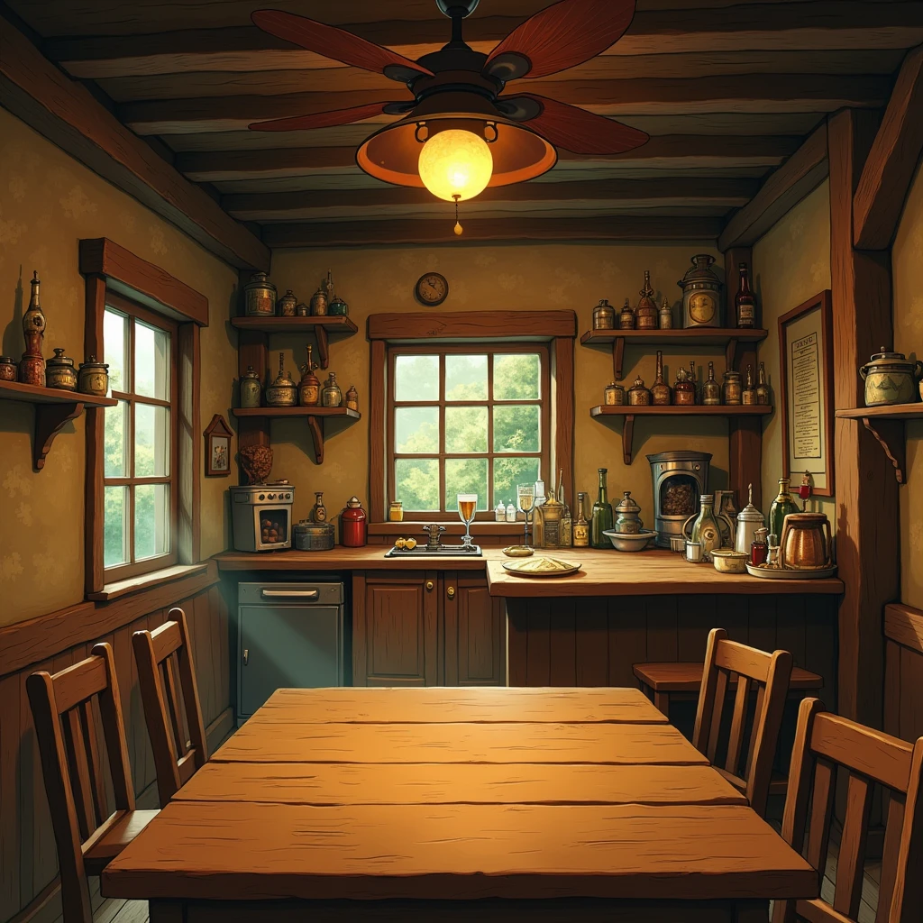 Studio ghibli style, tavern with wooden table, no humans, view from the ...