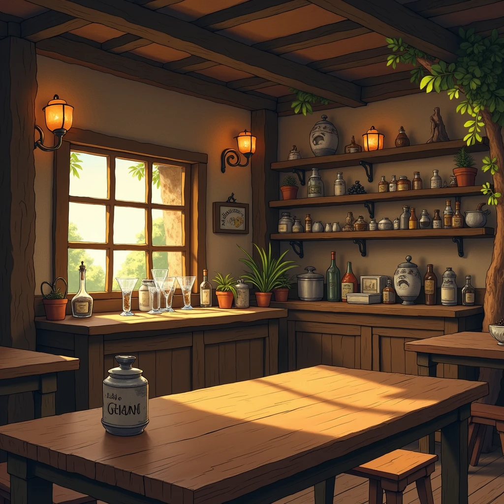 Studio ghibli style, tavern with wooden table, no humans, view from the ...