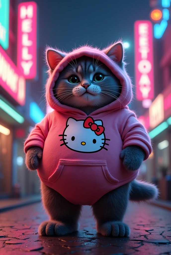 A fat cat standing like a human in a realistic style background with ...