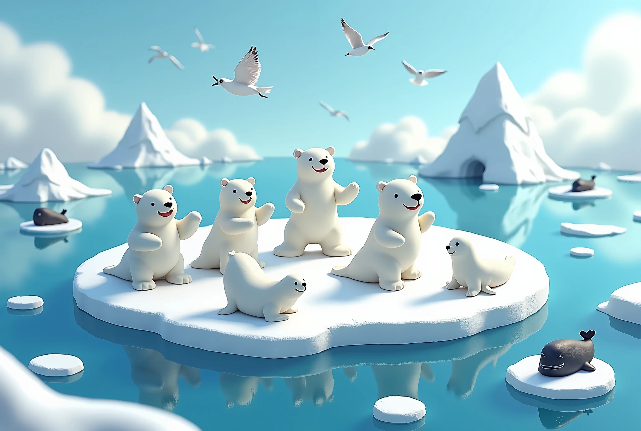 There are many polar bears on an ice floer in the water - SeaArt AI