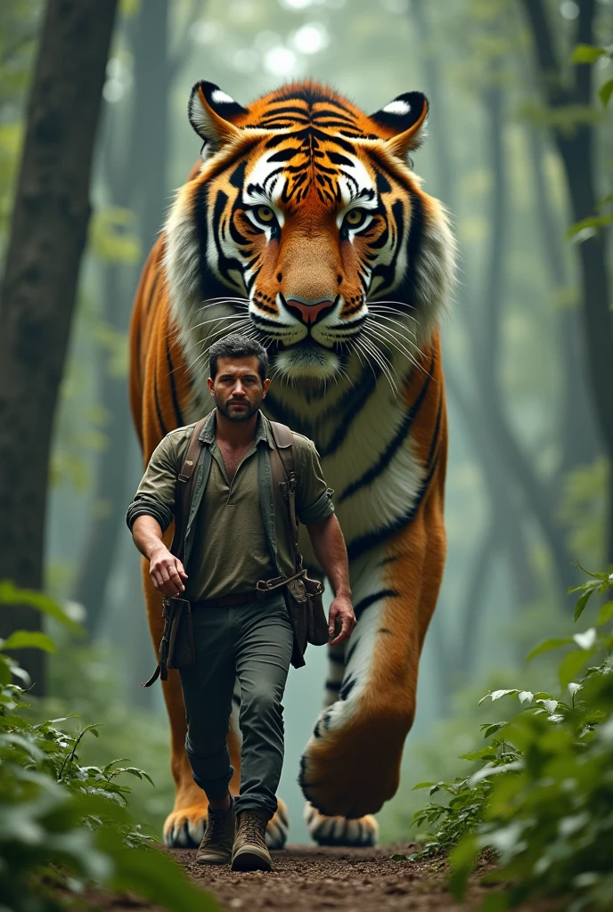 A man walks with a huge tiger towards the camera - SeaArt AI